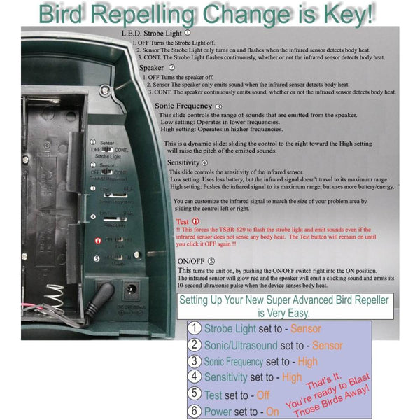 Cleanrth TSBR620 Super Advanced Sonic/Ultrasonic Bird Repeller w/Tripl ...